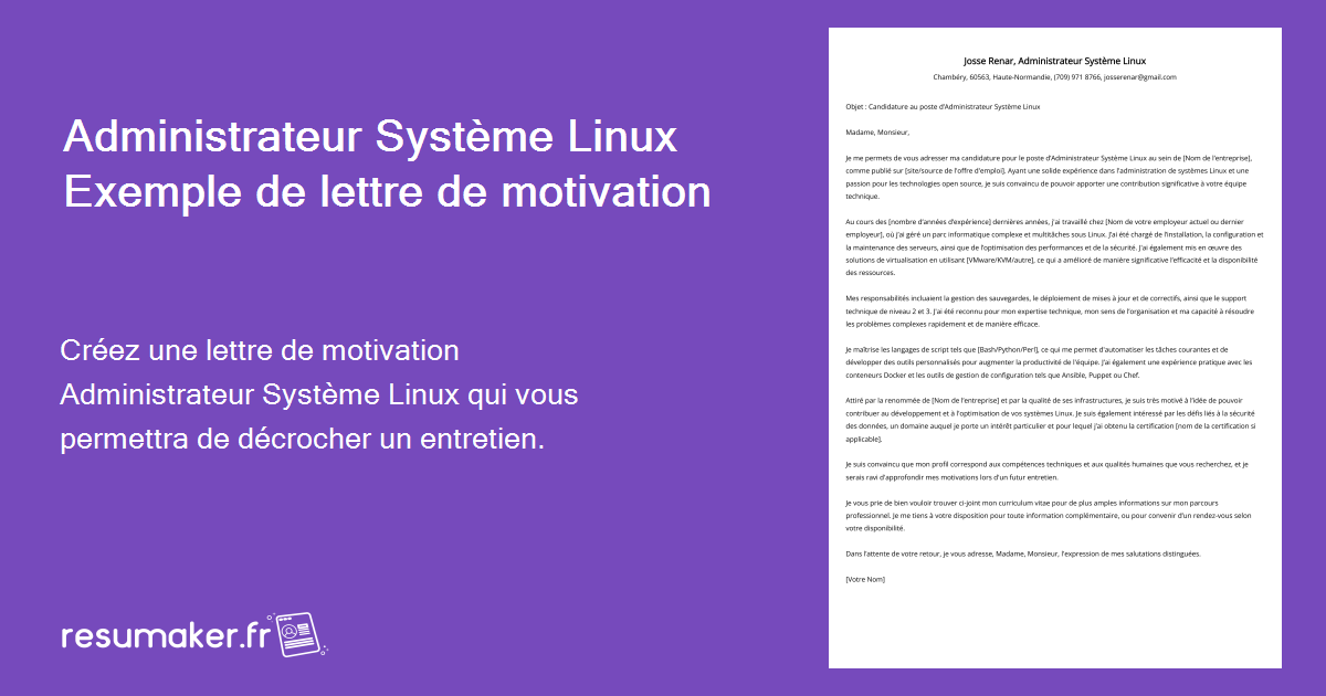 Lettre de motivation Administrateur Système Linux : Description du ...