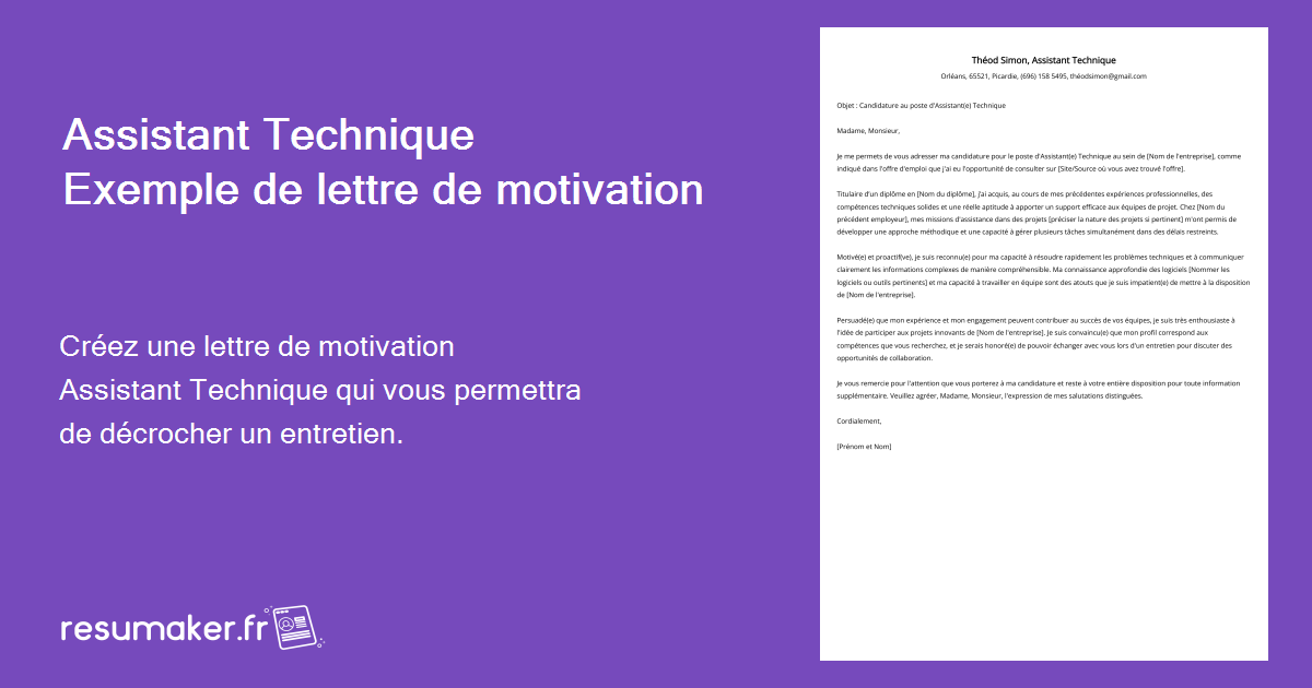 Assistant Technique Exemples de lettres de motivation (modèle et 20 ...