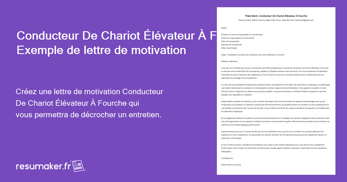 Lettre de motivation Conducteur De Chariot Élévateur À Fourche : Modèle et guide (emplois de ...