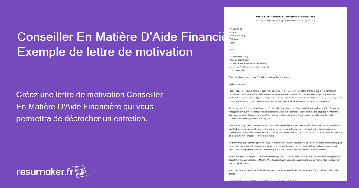 Lettre de motivation Conseiller En Matière D'Aide Financière : Modèle et guide (emplois de ...