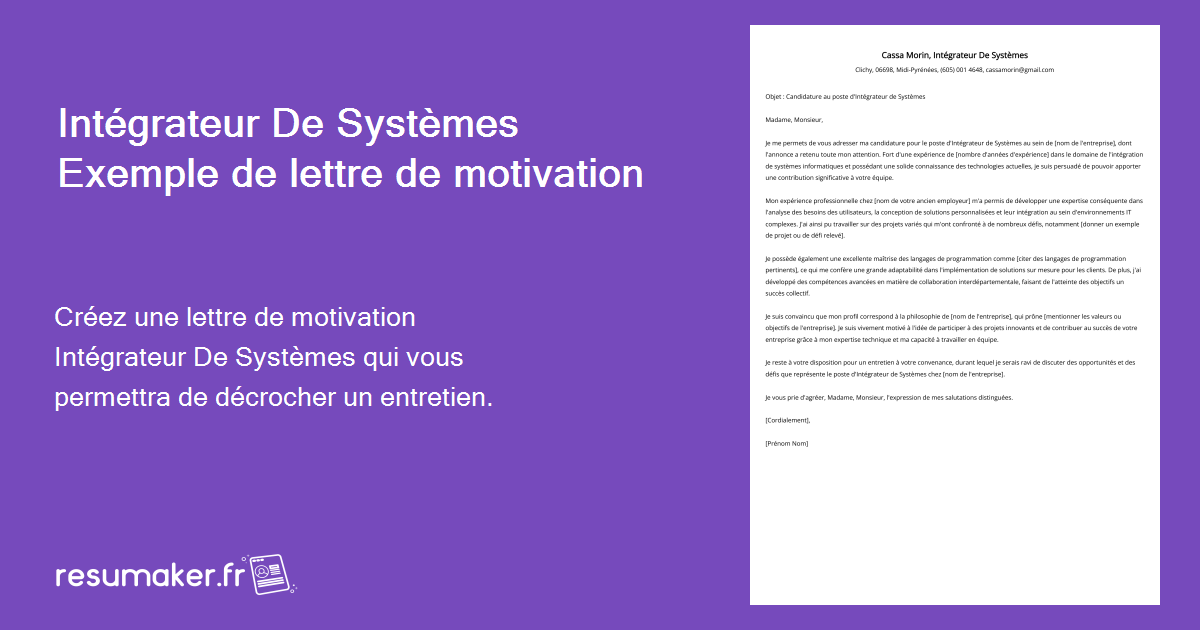 Intégrateur De Systèmes Exemples de lettres de motivation (modèle et 20 ...