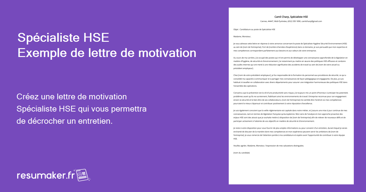 Lettre de motivation Spécialiste HSE : Modèle et guide (emplois de ...