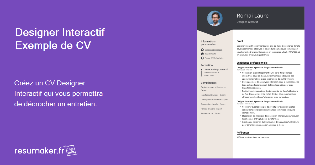 C.V. Designer Interactif : Exemple et guide (emplois de débutants et de ...