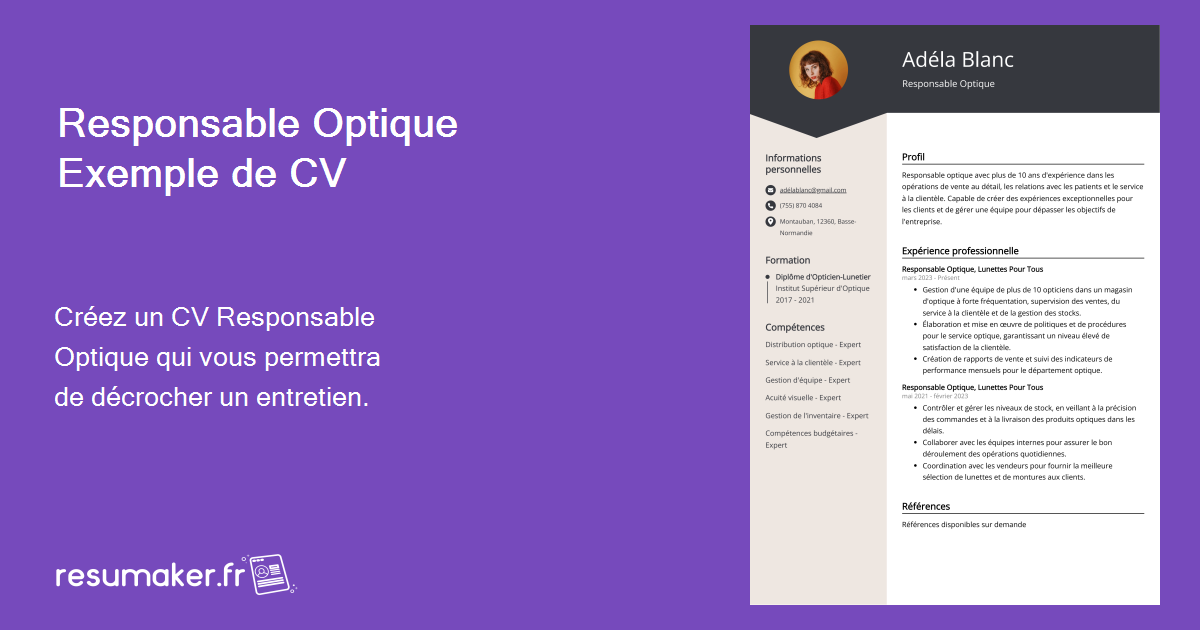 C.V. Responsable Optique : Description du poste, exemple et guide